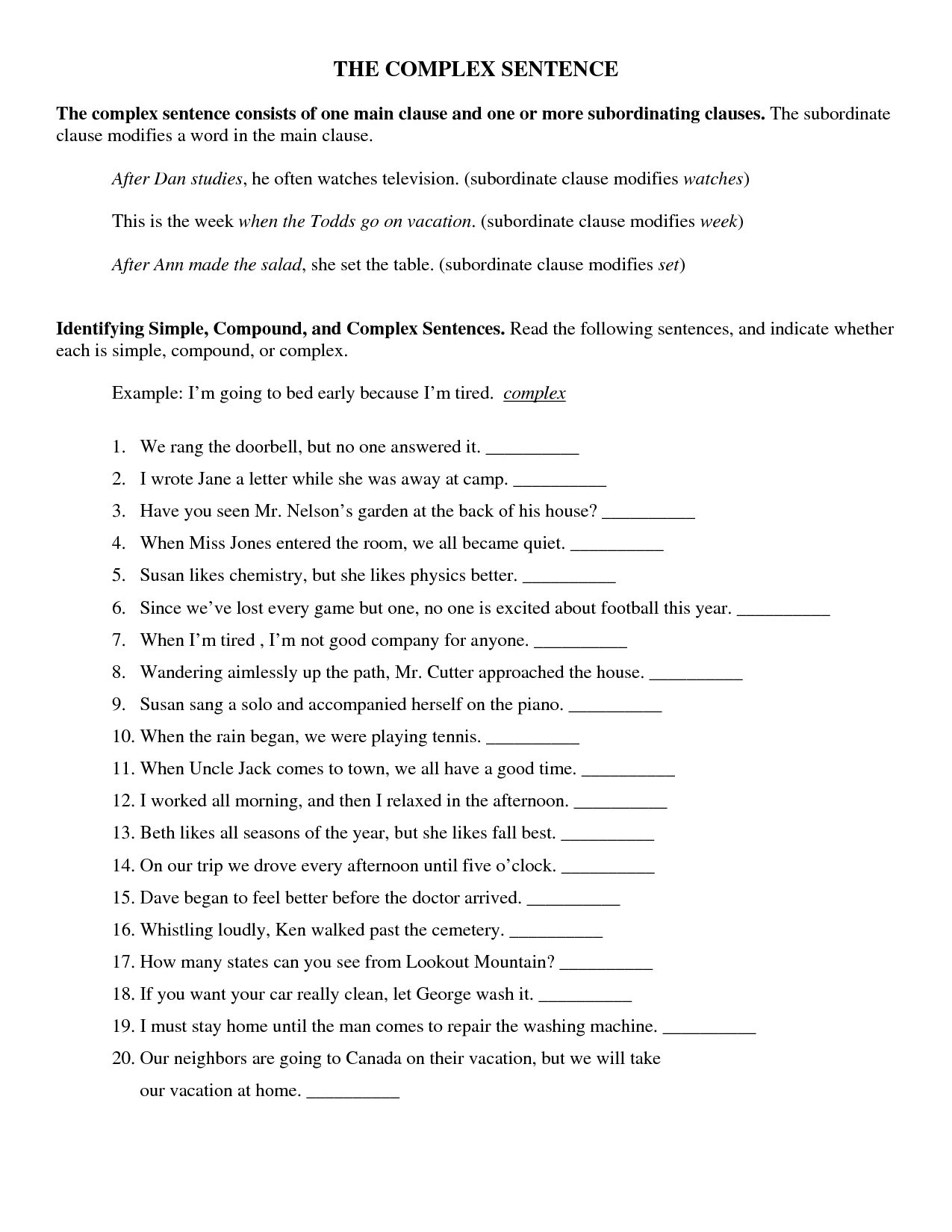 Free Printable Worksheets On Simple Compound And Complex Sentences